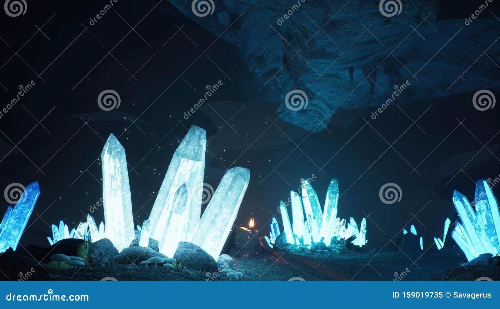 Blue Mystical Cave with the Magic of Sparkling Crystals. 3D Rendering ...
