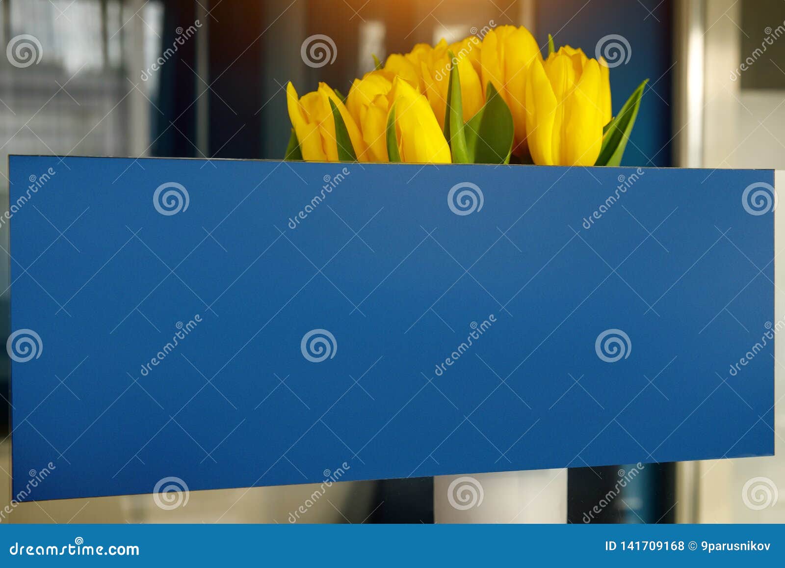 Blue Nameplate for Text, Yellow Tulips on Background, Office Stock ...
