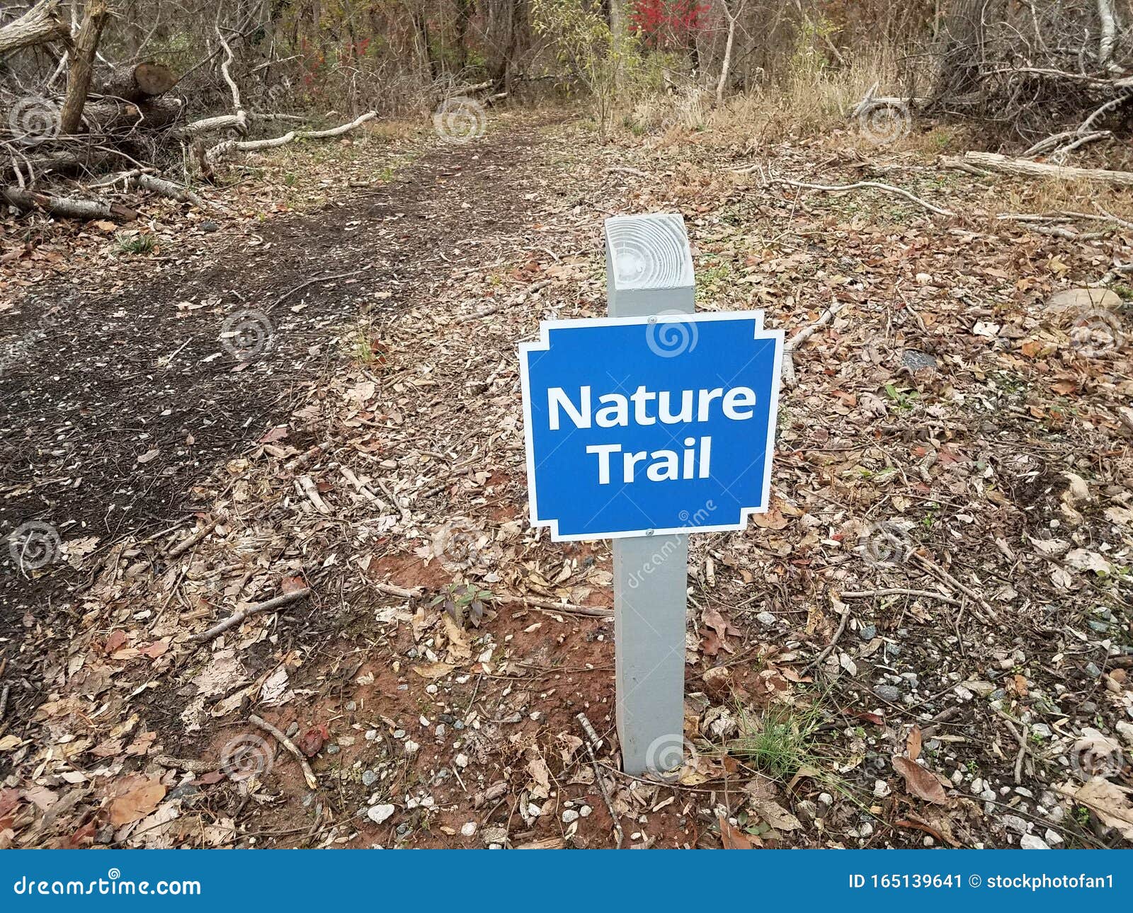 Blue Nature Trail Sign with Trail or Path and Trees Stock Image - Image ...