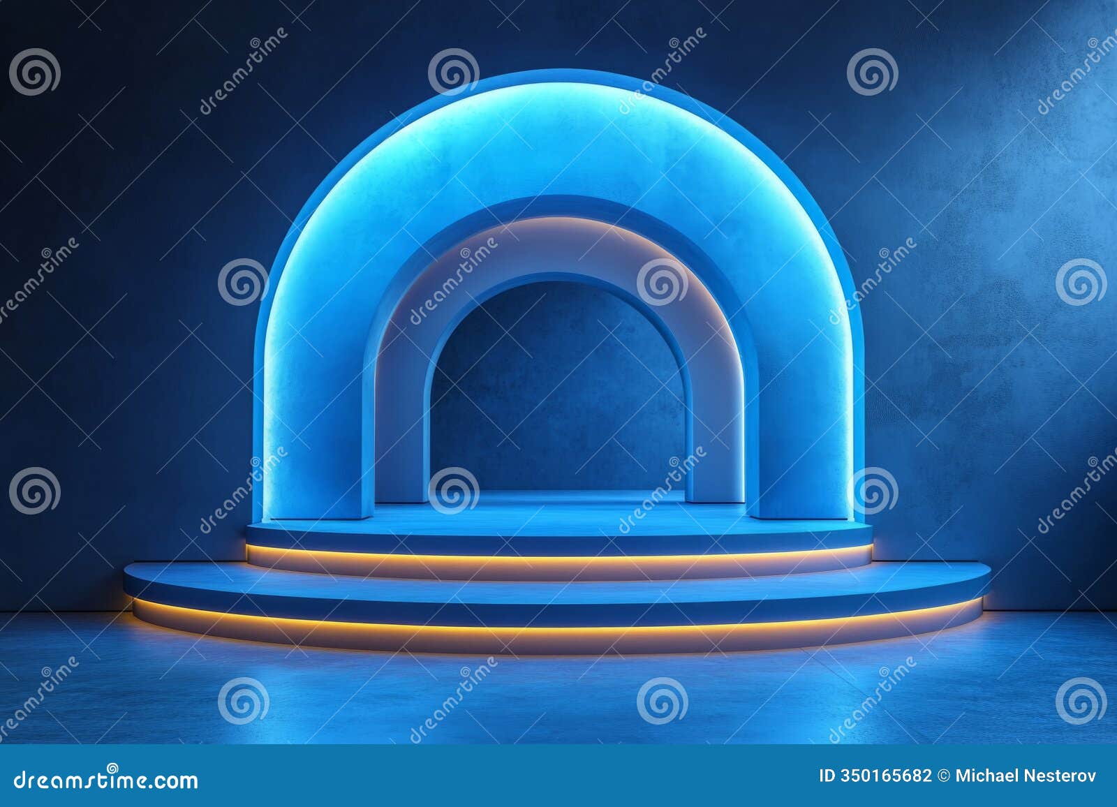 Blue Neon Arch Glowing on Empty Stage with Steps and Concrete Wall ...
