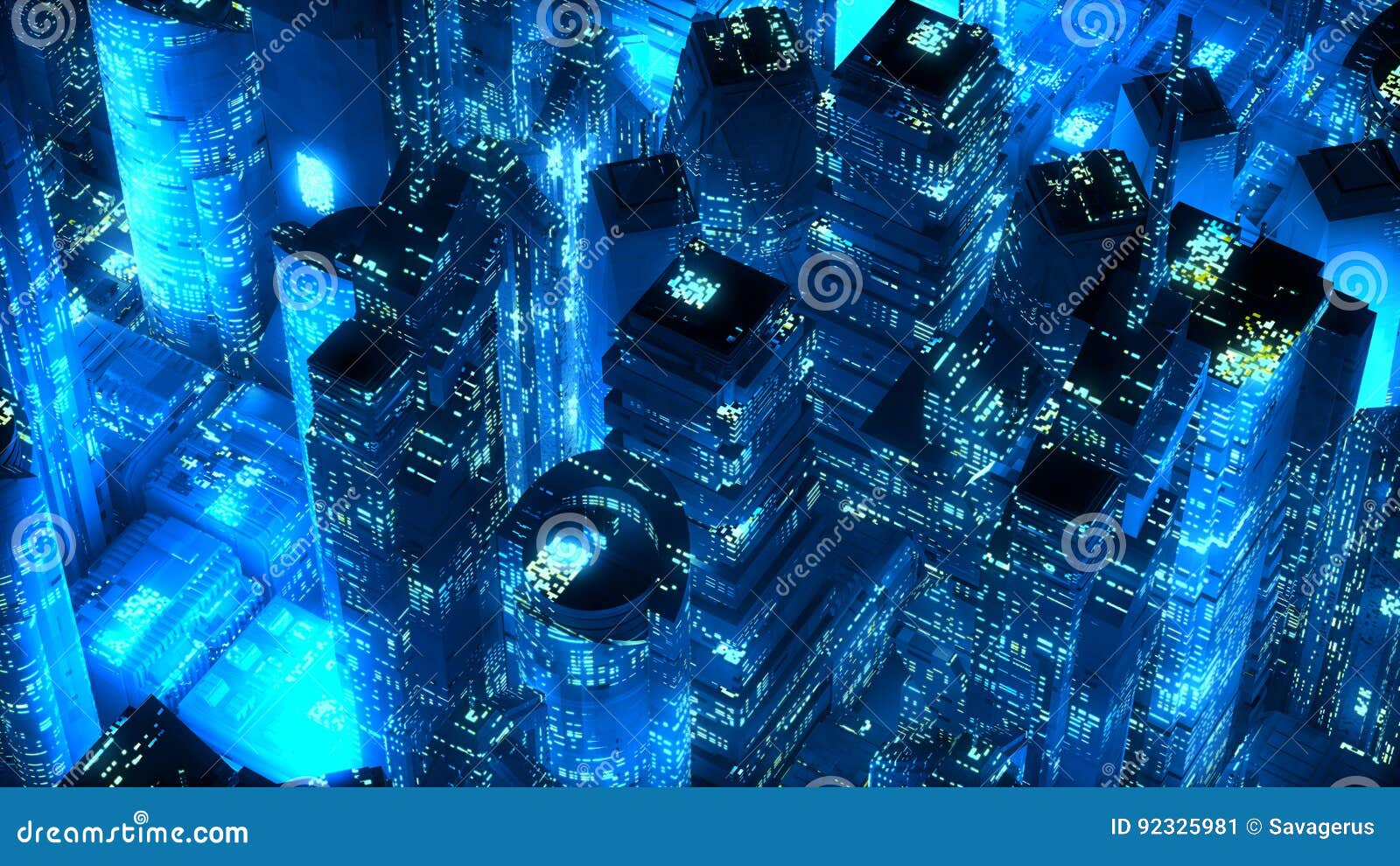 Blue Neon City Skyscrapers Modern Technology Concept Stock Illustration ...