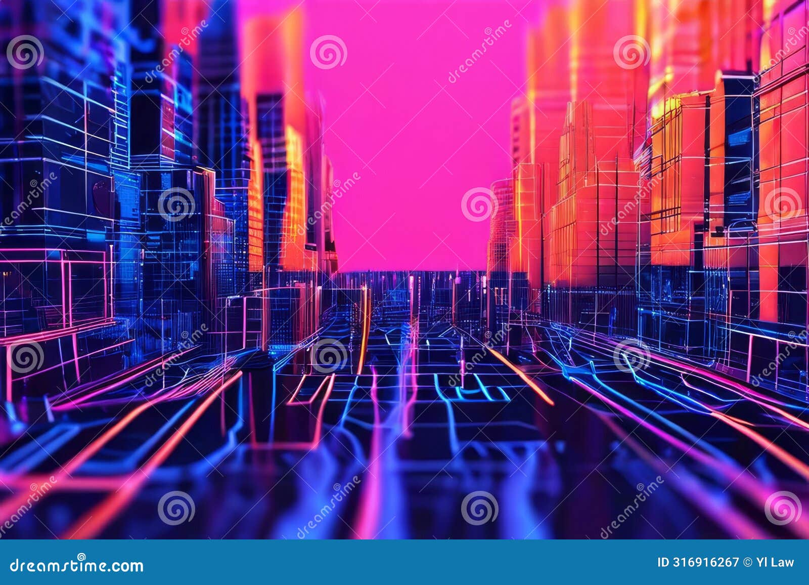 Blue Neon City Skyscrapers Modern Technology Concept Flat Vector ...