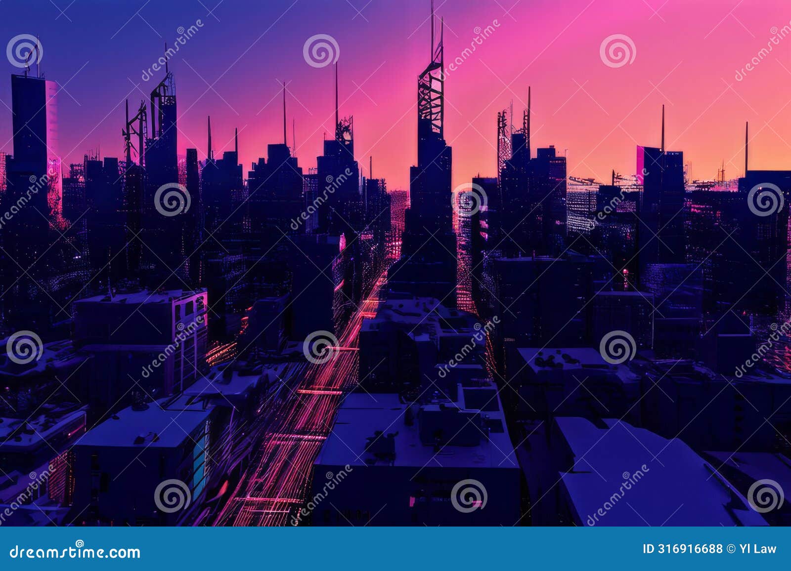 Blue Neon City Skyscrapers Modern Technology Concept Flat Vector ...