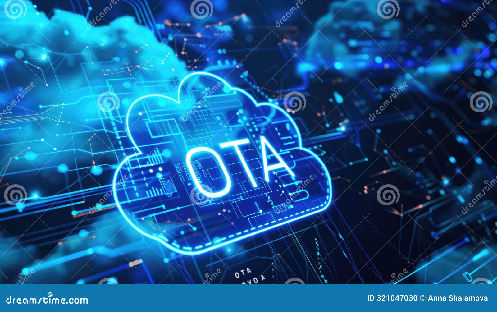 Blue Neon Cloud Symbol with OTA Text on Digital Circuit Background ...