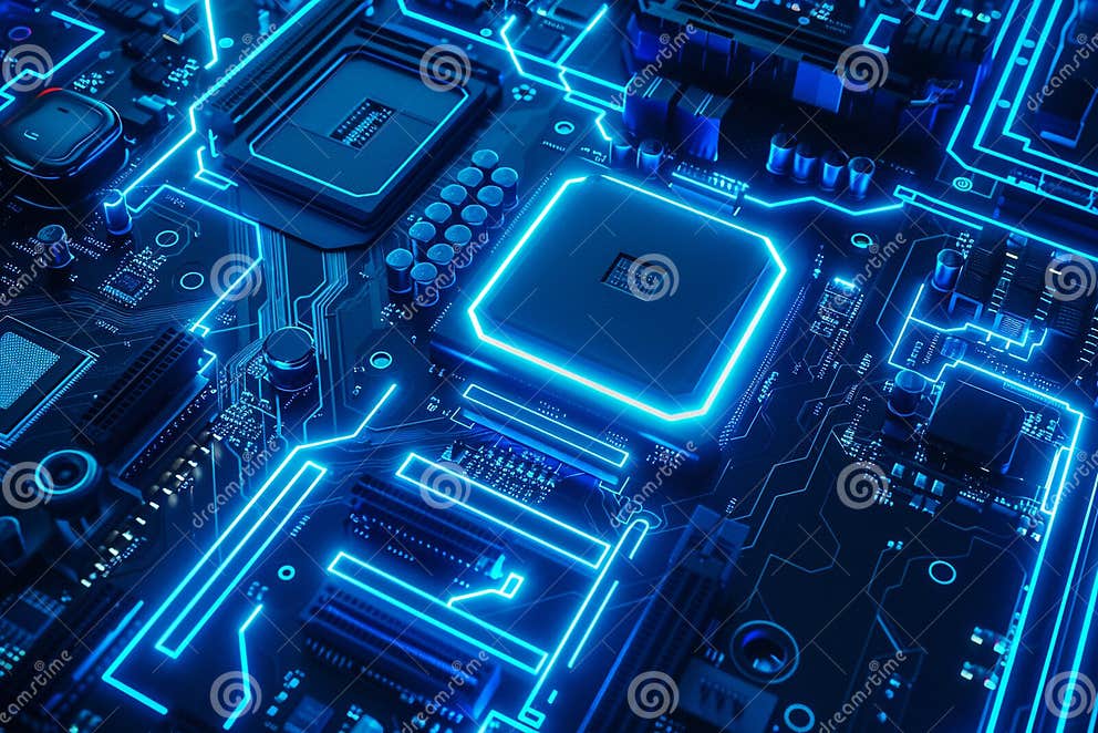 Blue Neon Computer Motherboard Background Technology Design Stock ...