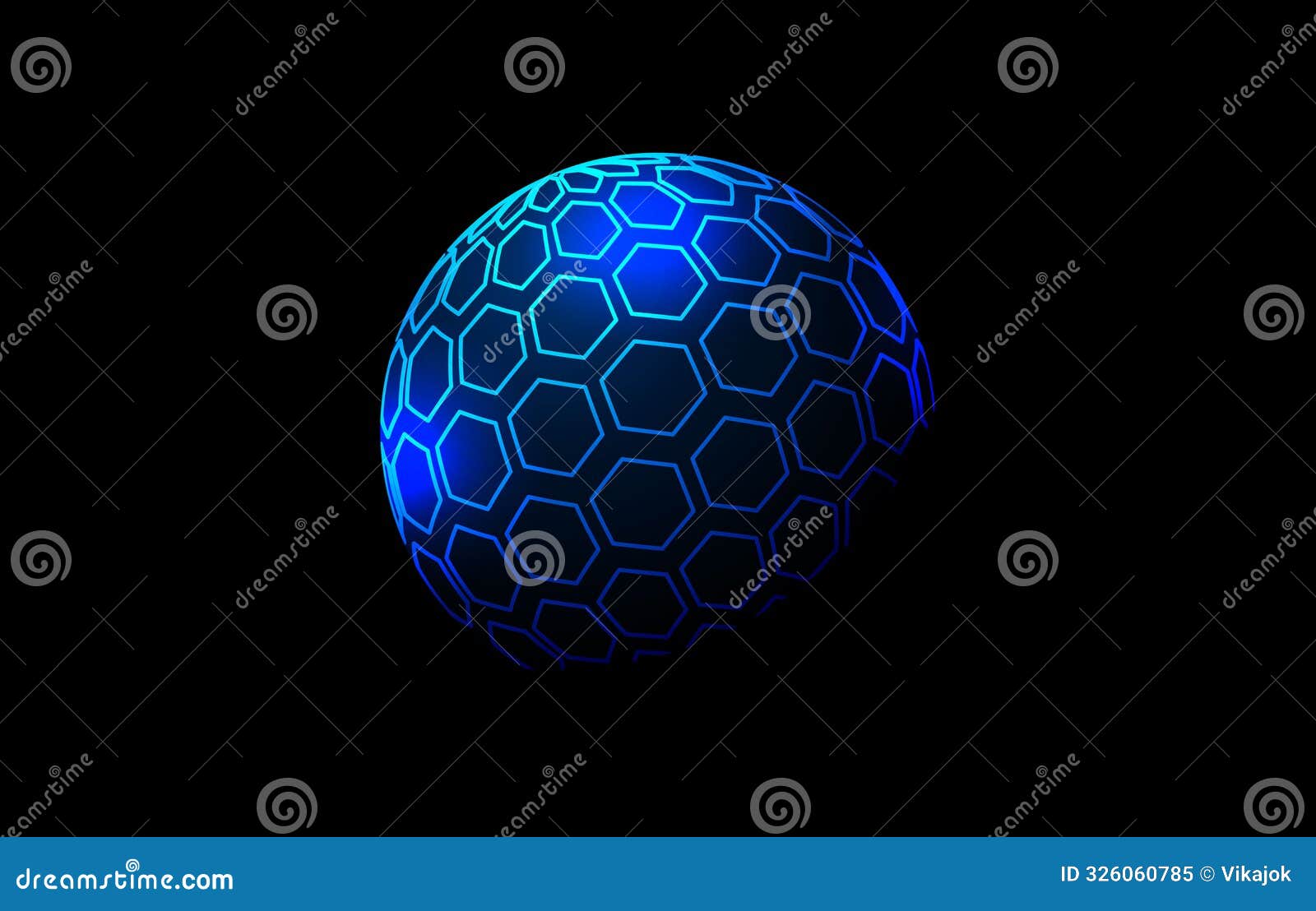 Blue Neon Hexagon Pattern Sphere. 3d Halftone Hemisphere Concept. Grid ...