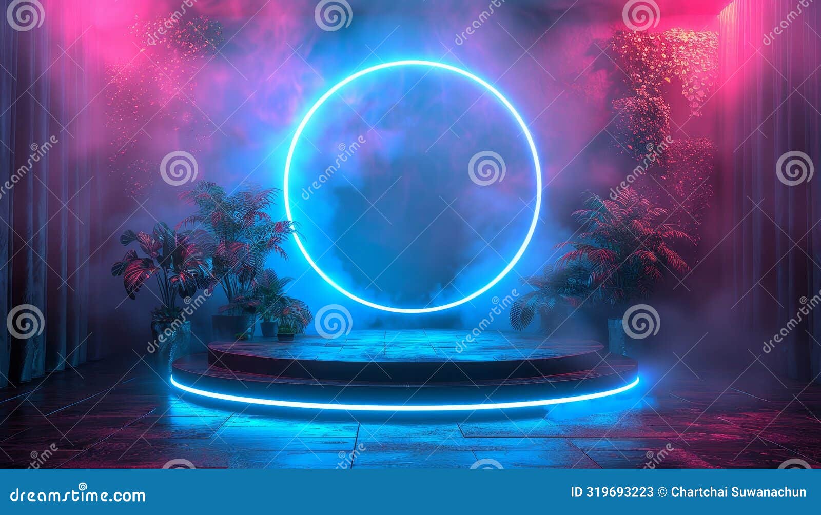 A Blue Neon Lighted Circular Stage with a Blue Background by AI ...
