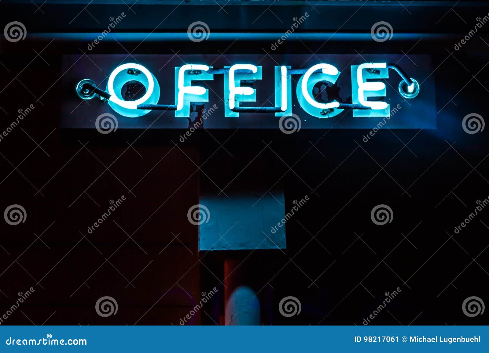 Blue Neon Office Sign Glows in the Night. Stock Image - Image of motel ...