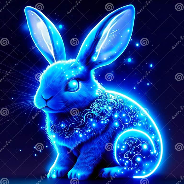 Blue Neon Rabbit on a Dark Background. 3d Rendering, 3d Illustration ...