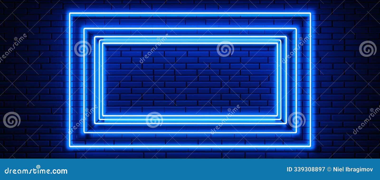 Blue Neon Rectangular Frame As Light Glowing Border on Wall Background ...