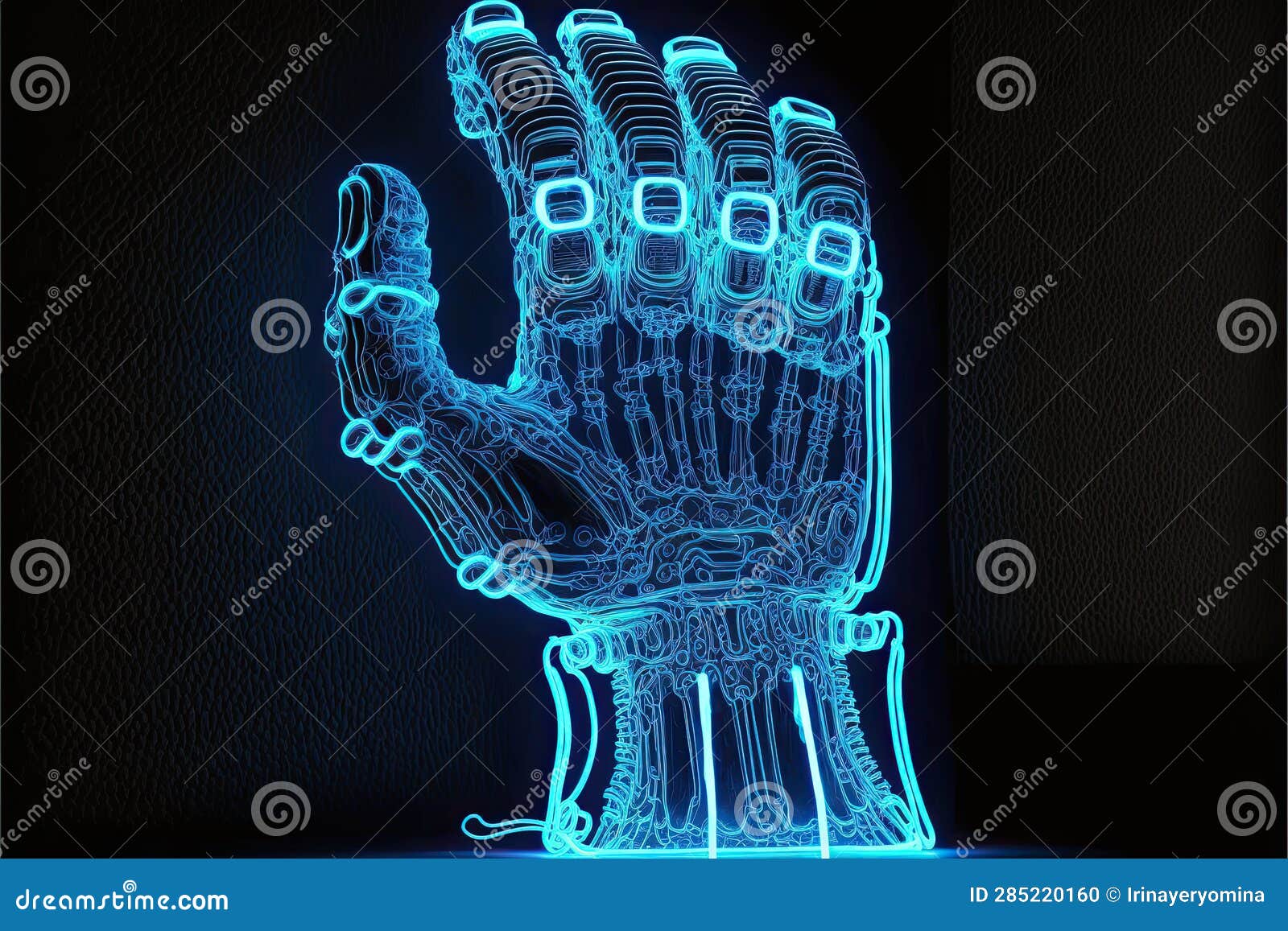 Blue Neon Robot Mechanical Arm or Hand with 5 Fingers in Laboratory ...