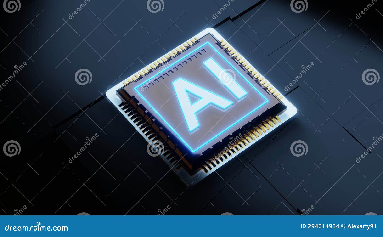 Blue Neon Sign on Computer Modern Chip 3d Render Stock Illustration ...