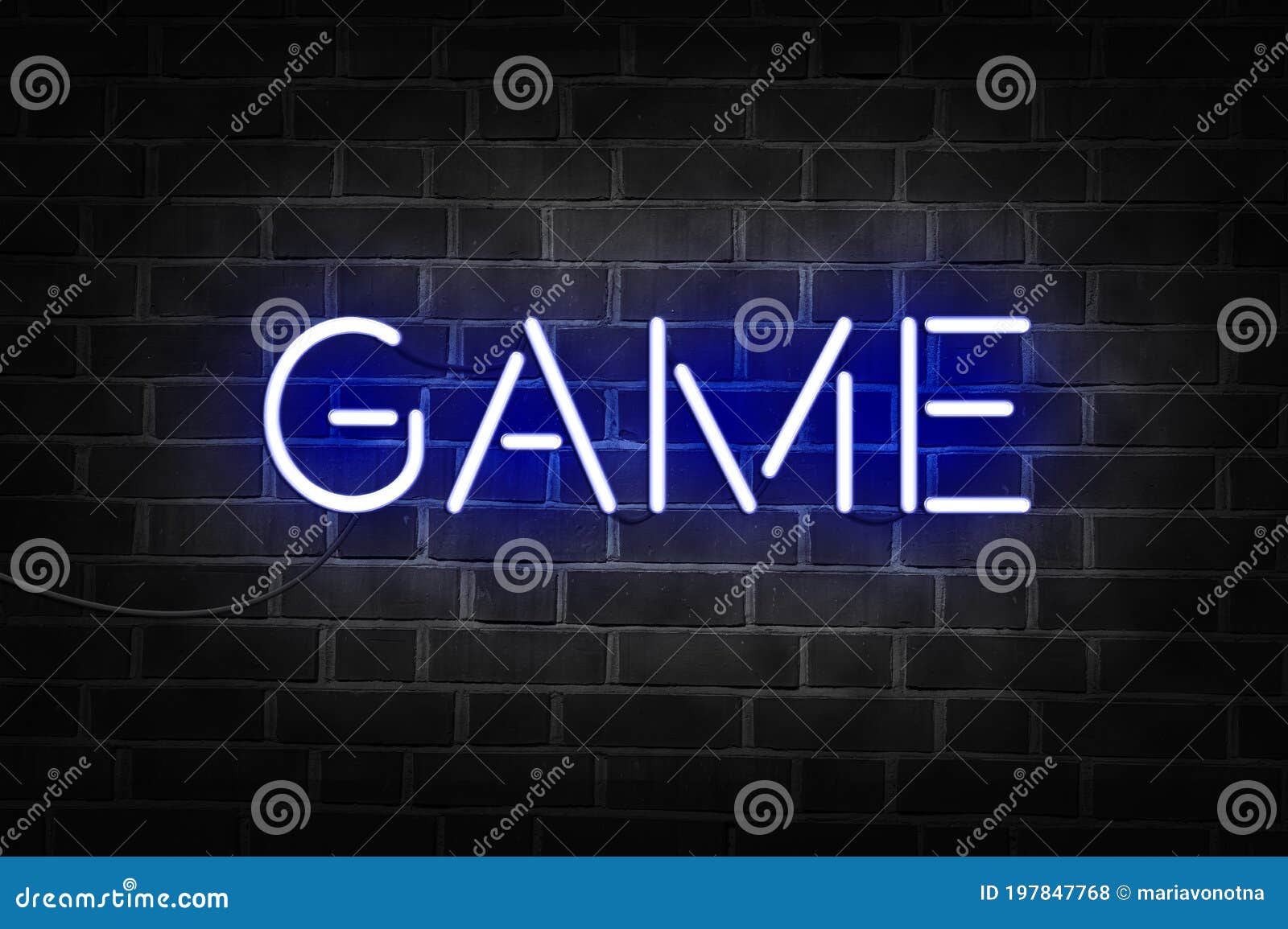 Blue Neon Sign of the Word GAME on Dark Brick Wall Stock Photo - Image ...