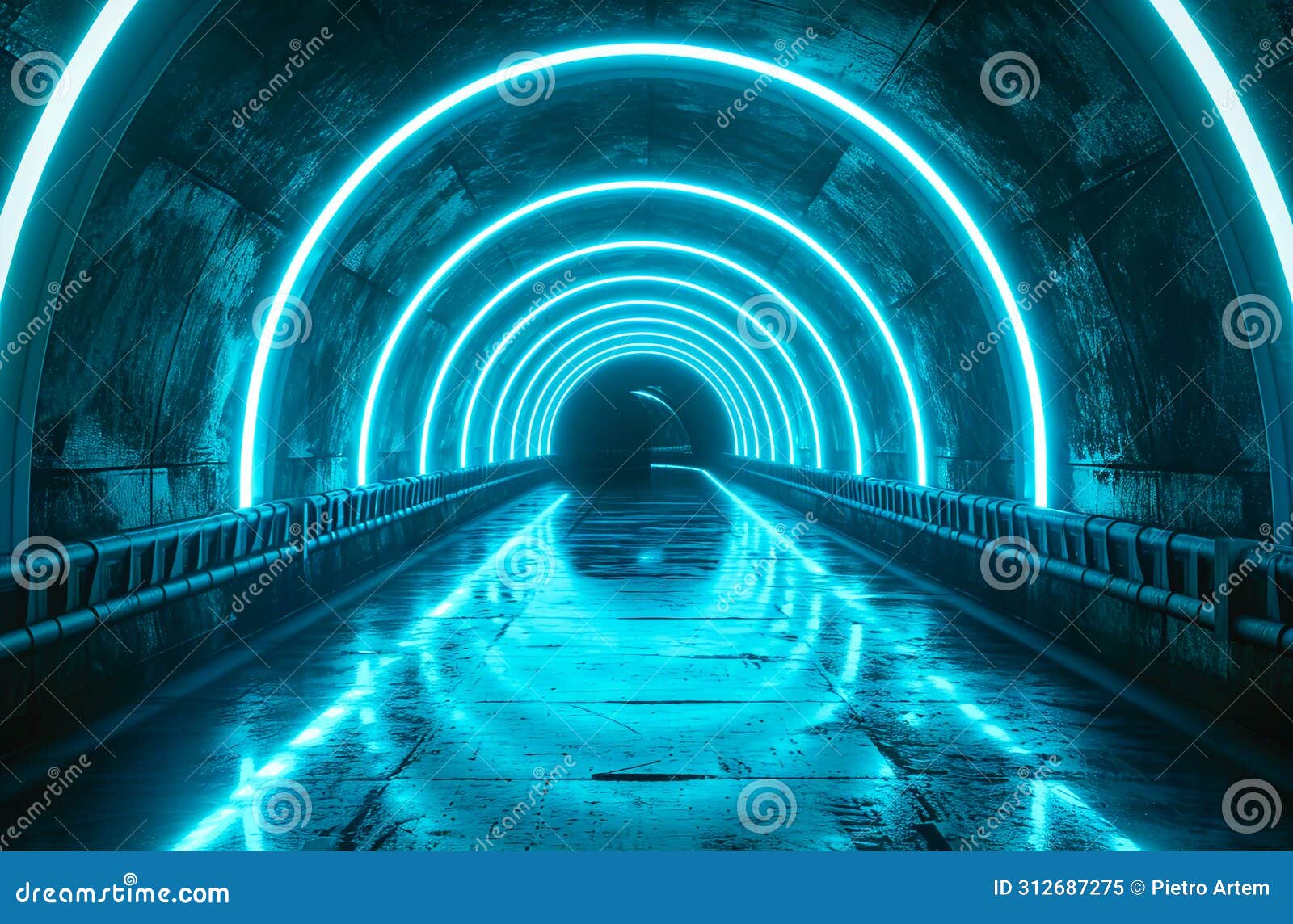 A Blue Neon Tunnel Looking Down with Stock Image - Image of laser ...