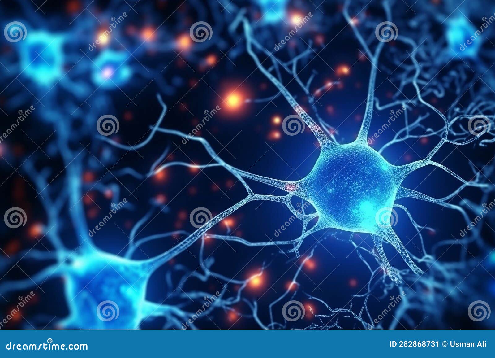 Blue Nerve Cell Banner: Brain S Neuron System with Synapses. AI Stock ...