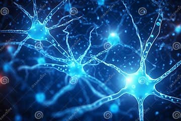 Blue Nerve Cell Banner: Brain S Neuron System with Synapses. AI Stock ...