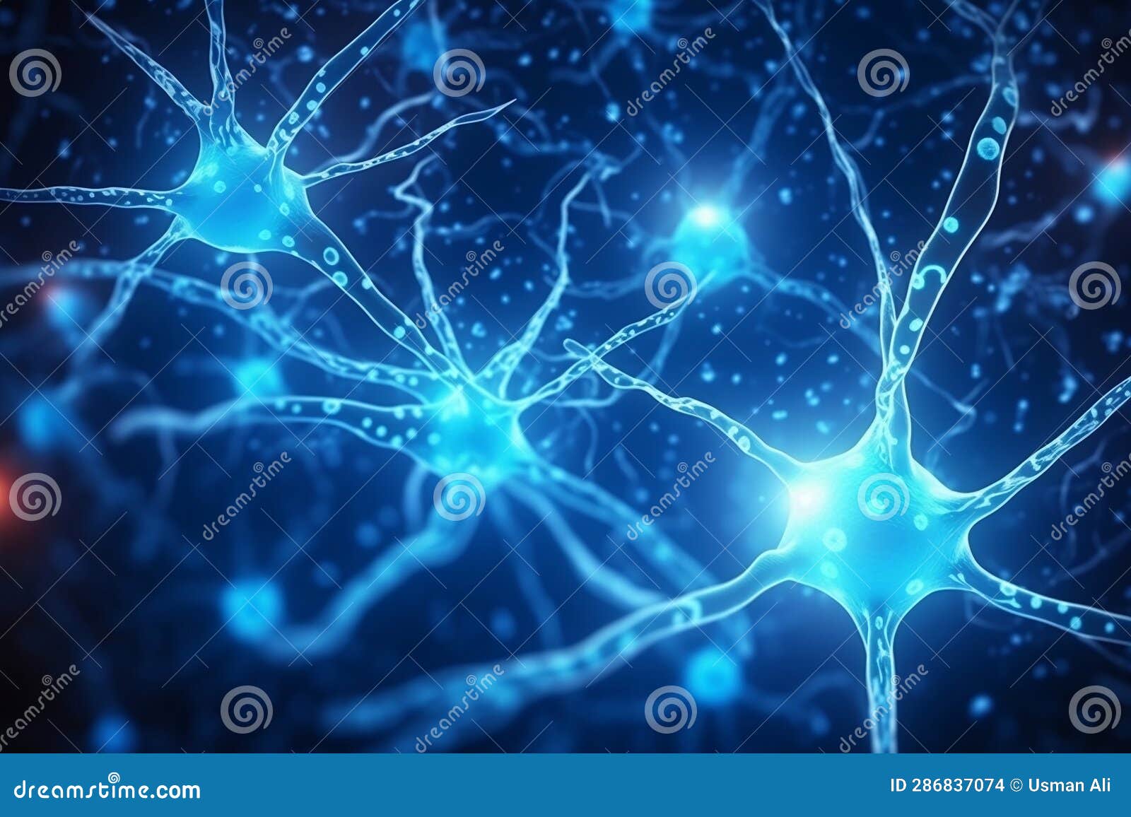 Blue Nerve Cell Banner: Brain's Neuron System With Synapses. AI Stock ...