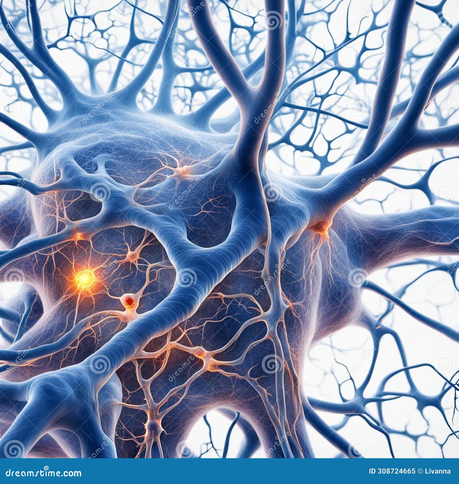 Blue Nerve Cell Banner: Brain's Neuron System With Synapses. AI Stock ...