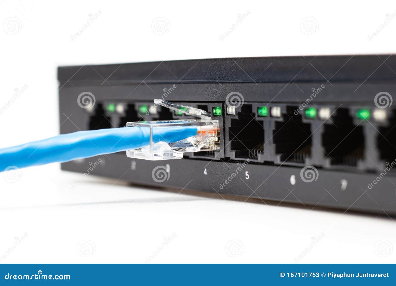 The Blue Network Cables Connect Port Switch on White Table Stock Image ...