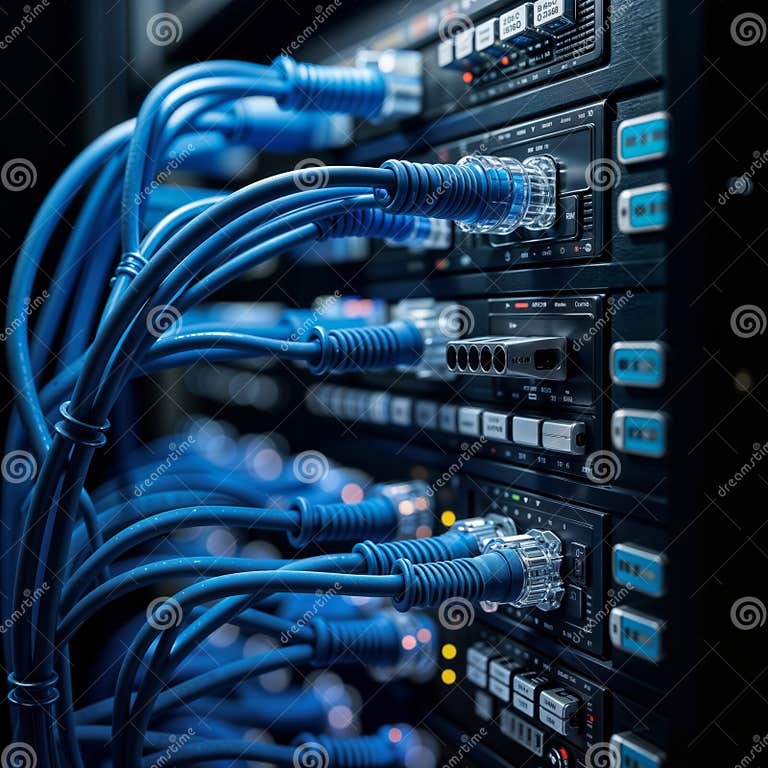 Blue Network Cables Connecting To Server Rack, Generative Ai Stock ...