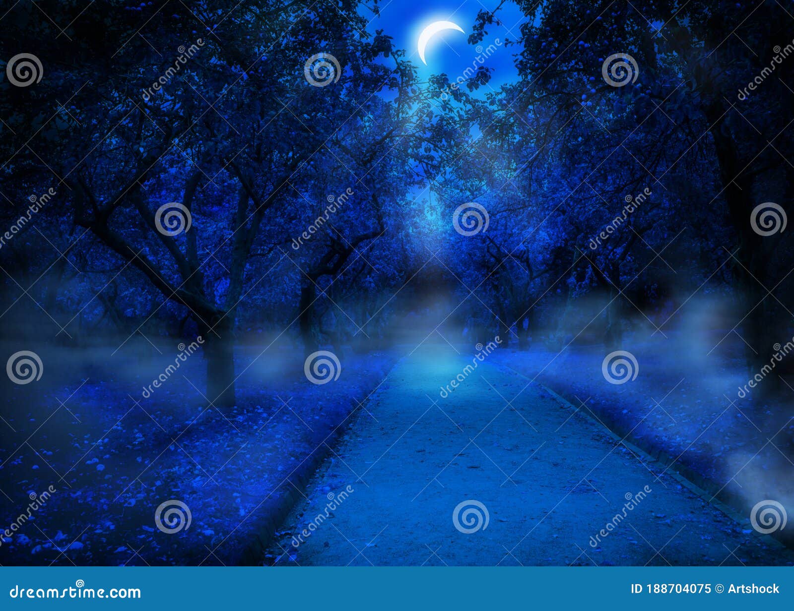 Blue Night Park Apple Trees Stock Illustration - Illustration of blue ...