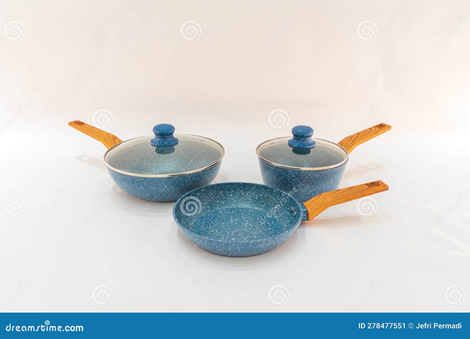 Blue Non-Stick Pot and Teflon Pan with Wooden Handle Stock Image ...