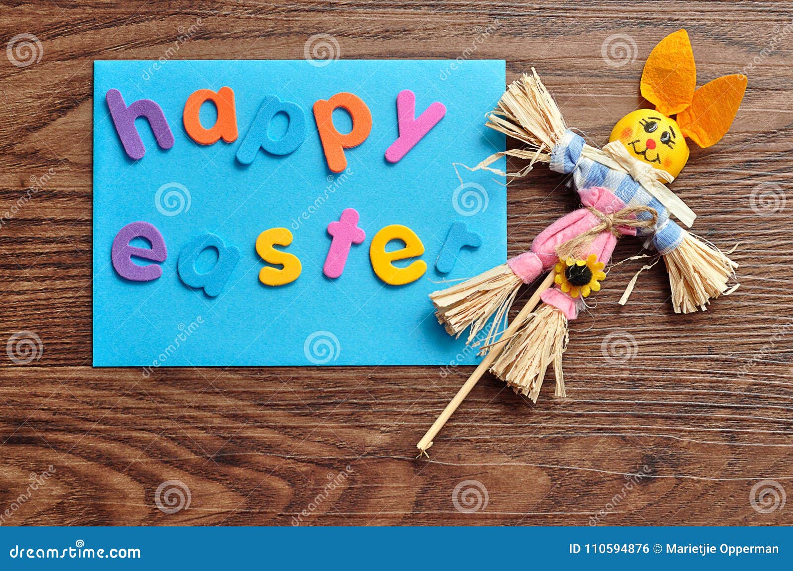 A Blue Note with the Words Happy Easter and a Bunny Stock Photo - Image ...