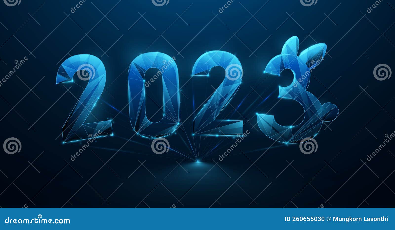 Blue 2023 Numbers with a Rabbit on Dark Blue Background. 3d Wireframe ...
