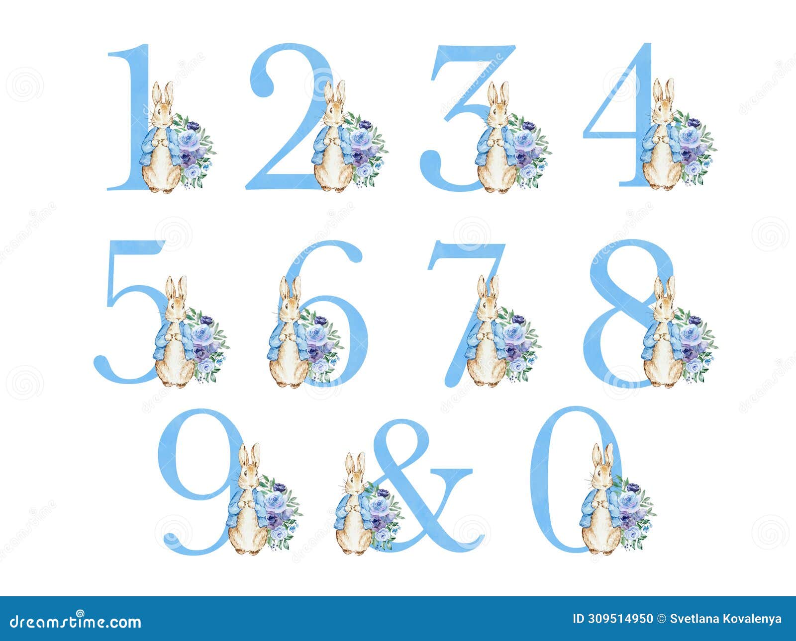 Blue Numbers Set with Watercolor Peter Rabbit Stock Illustration ...