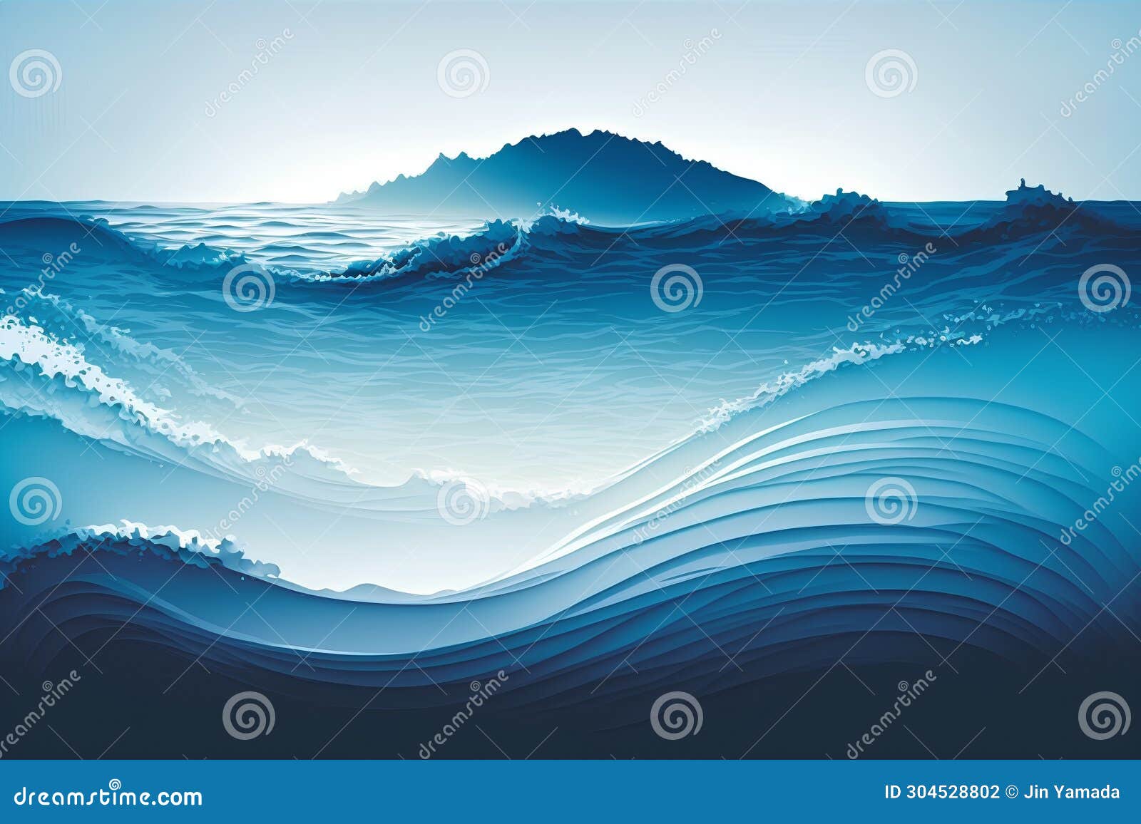 Blue Ocean Background with Waves and Mountains. Vector Illustration for ...