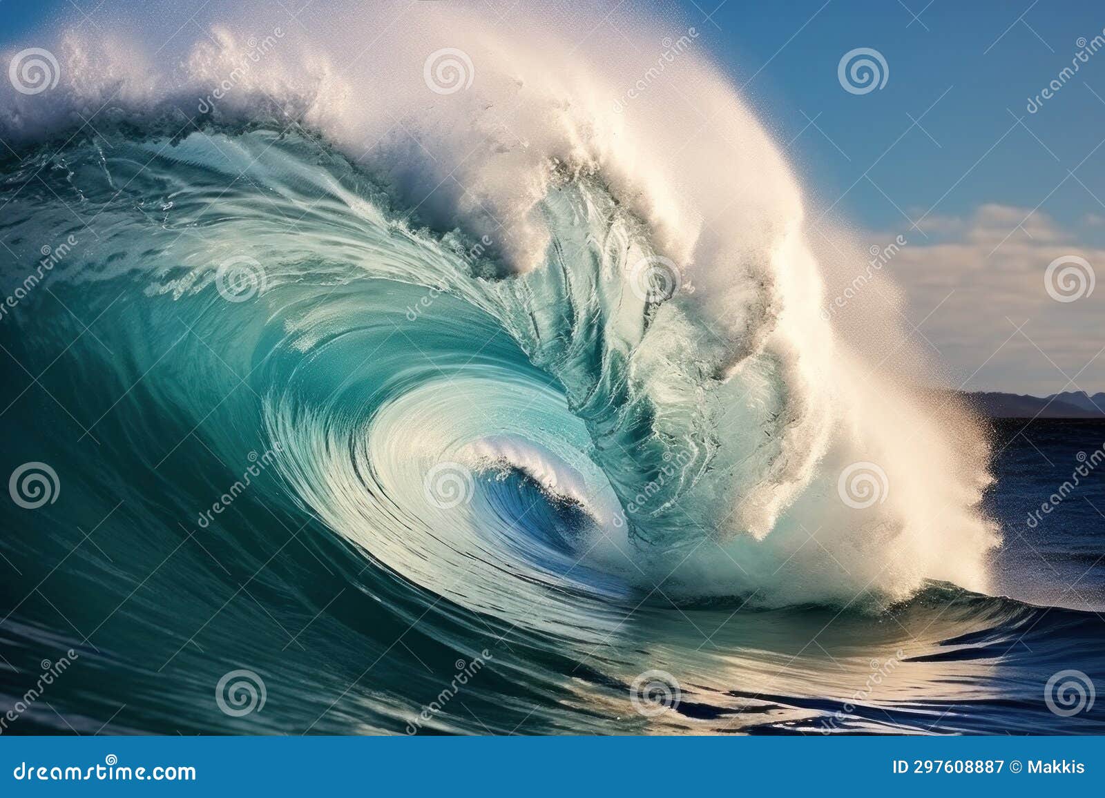 Blue Ocean Surfing Wave Curls Near Coastline Stock Illustration ...