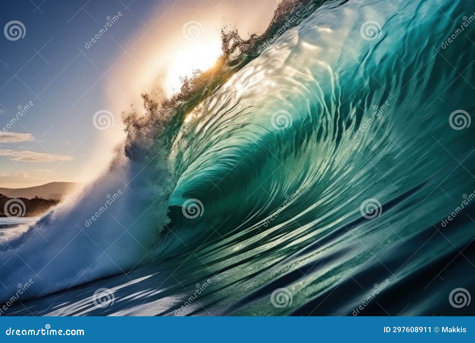 Blue Ocean Surfing Wave Curls Near Coastline Stock Illustration ...