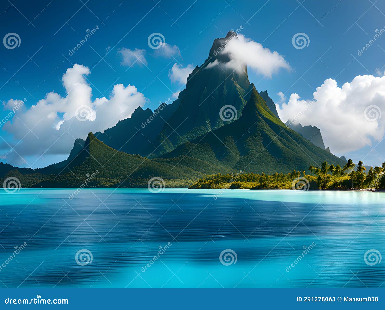 Blue Ocean Water, Clouds and Mountains with Blue Sky Stock Illustration ...