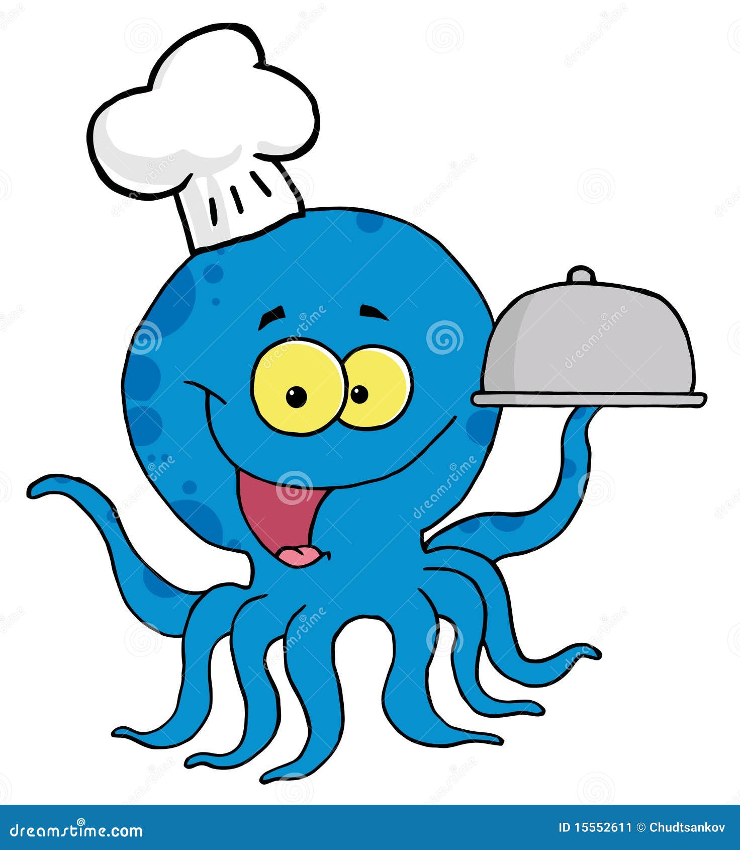 Octopus Chef Cartoon Character Serving Food To Wooden Blank Board ...
