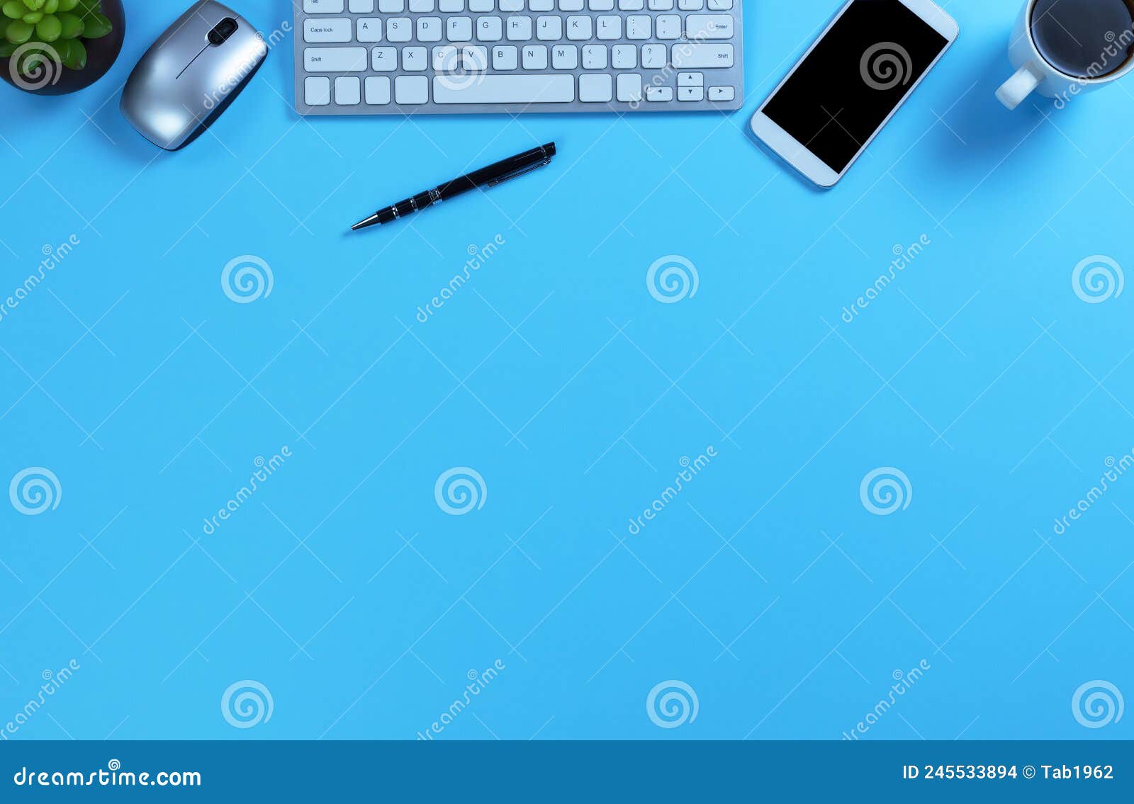 Blue Office Desk with Computer, Dark Coffee and Other Supplies for Work ...