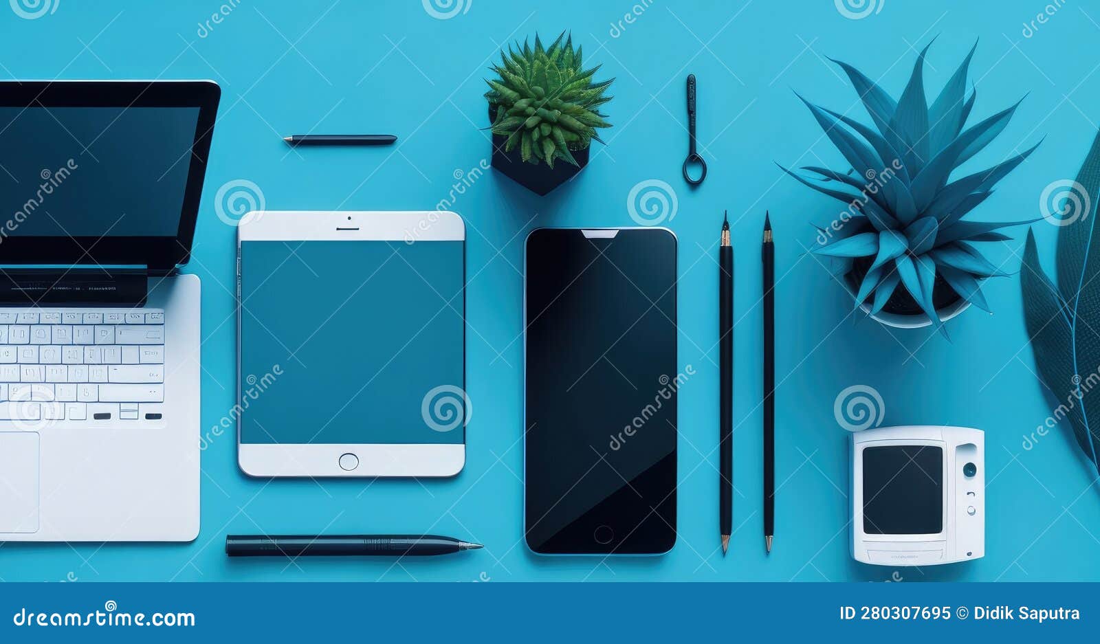 Blue Office Desk Laptop with a Tablet Flat Lay Stock Illustration ...