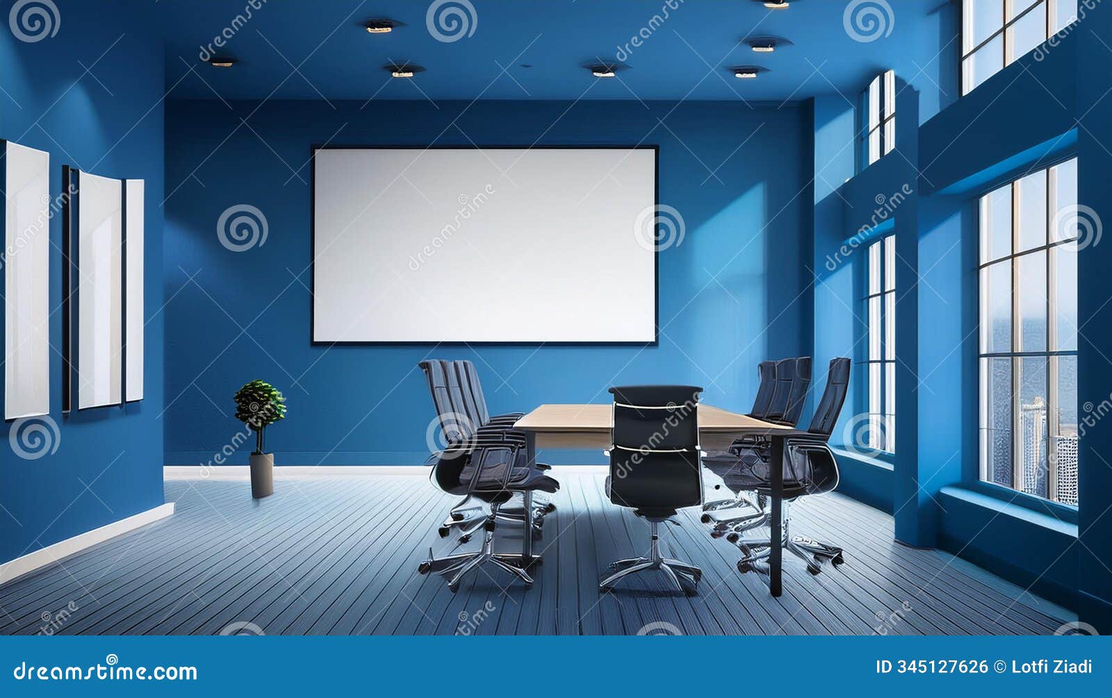 Blue Office Meeting Room Interior with Poster Stock Illustration ...