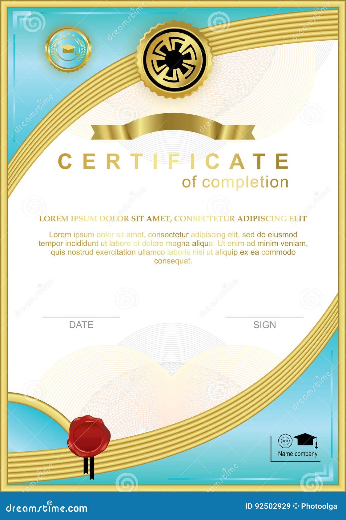 Blue Official Certificate with Wafer, Emblem, Gold Design Elements ...