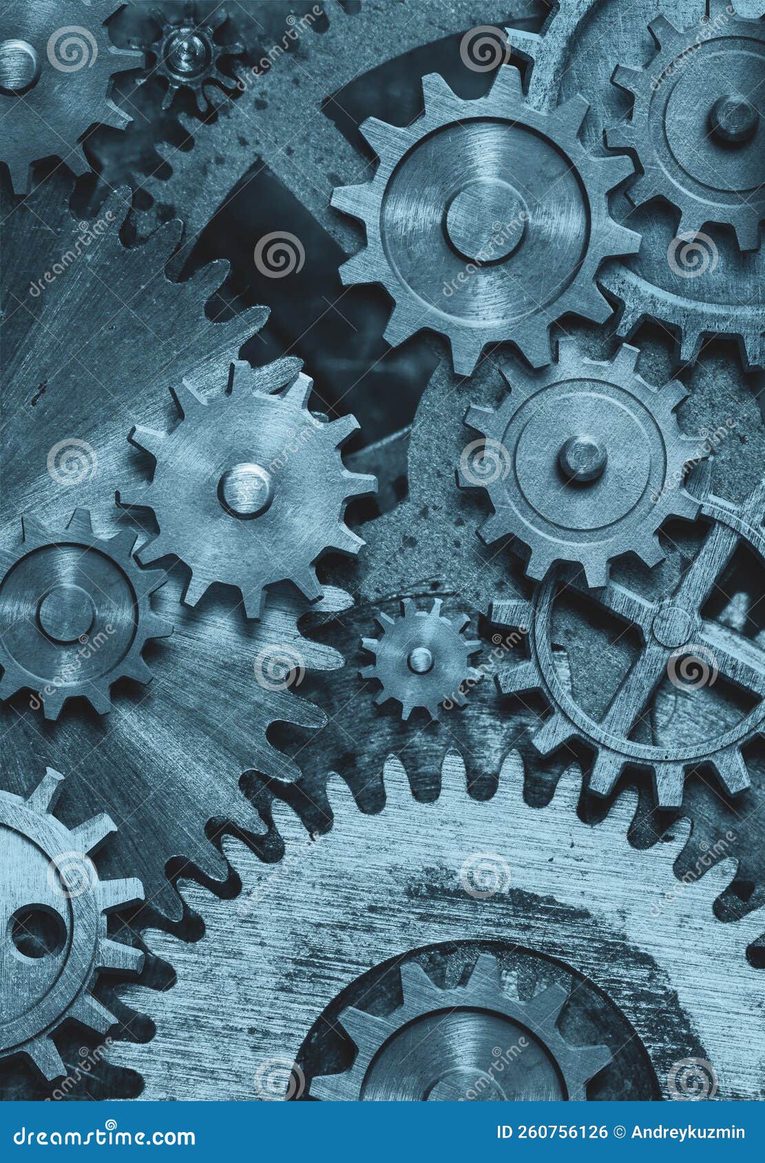 Blue Old Gears and Cogs Clock Mechanism. 3d Illustration. Stock Photo ...