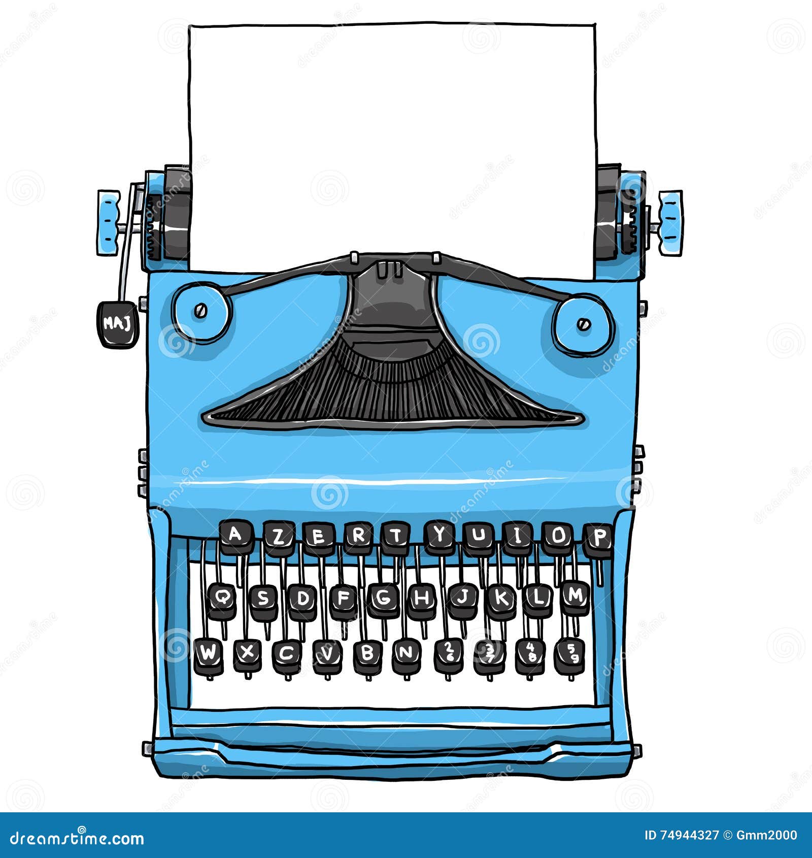 Blue Old Typewriter with Paper Hand Drawn Cute Art Illustration Stock ...