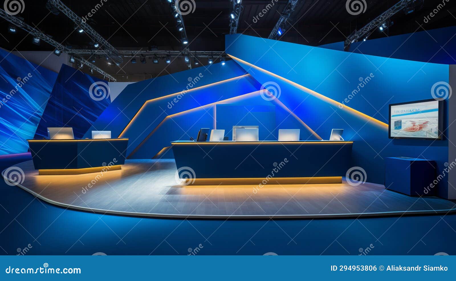 A Blue and Orange Display with Desk and Computers Stock Photo - Image ...