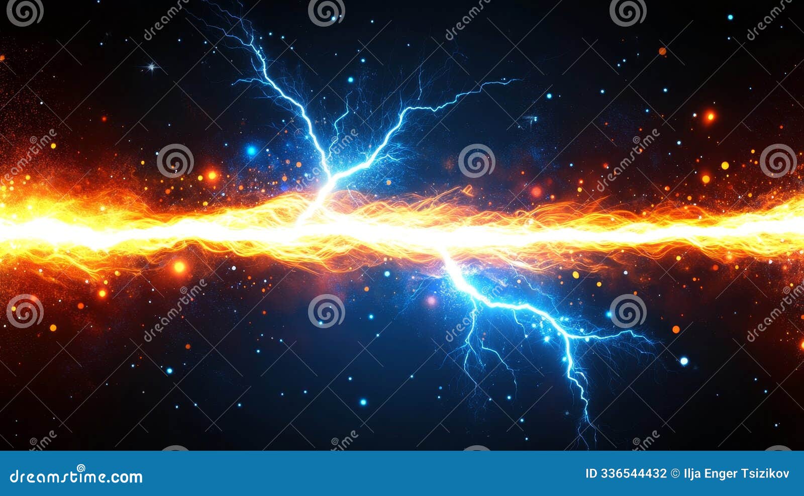 Blue and Orange Electric Lightning Strike Clash in the Night Sky with ...