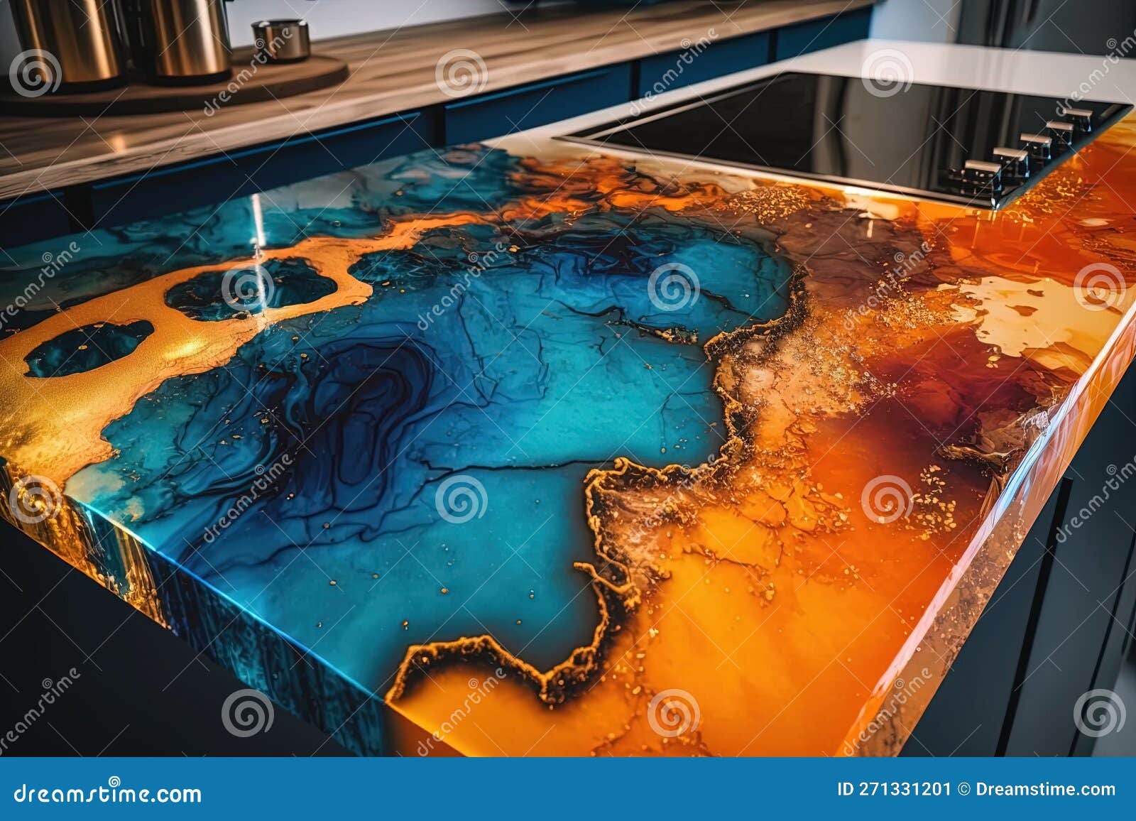 Blue and Orange Epoxy Resin Kitchen Countertops. Generative AI Stock ...