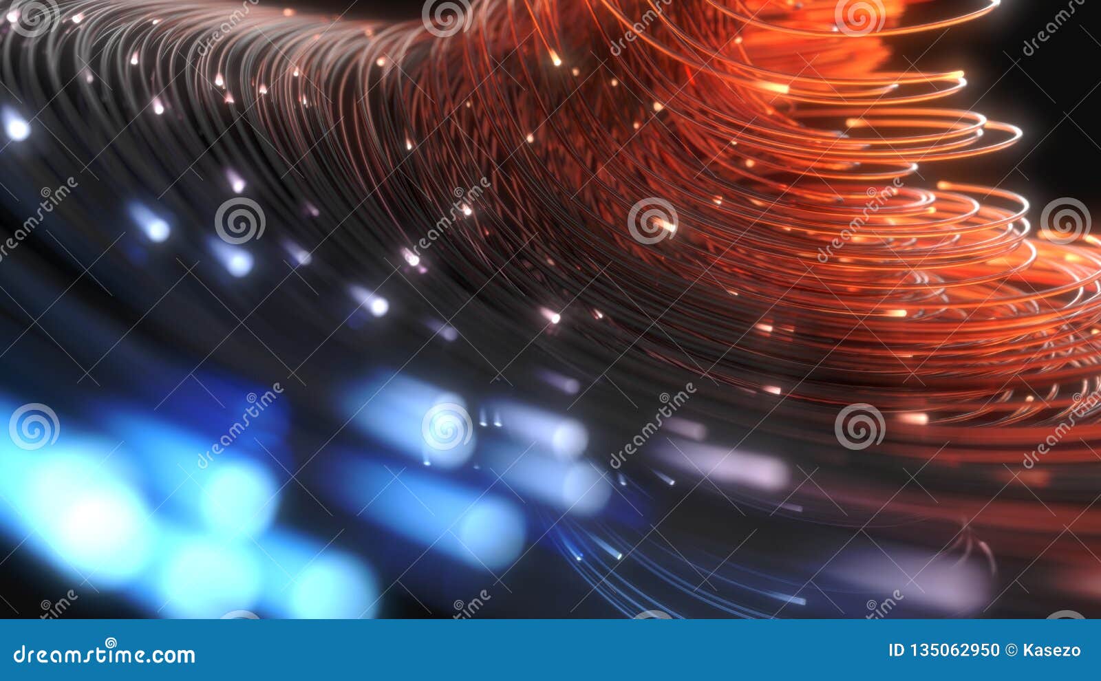 Blue and Orange Fiber Optic Strings in Dark. 3d Illustration Stock ...