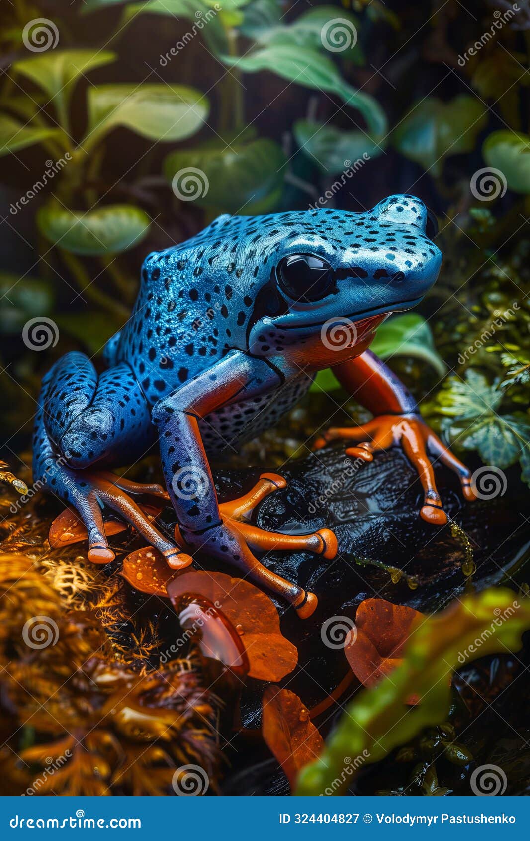 A Blue and Orange Frog Sitting on Top of Some Plants Stock Image ...