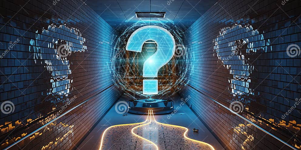 Question Marks Digital Hologram in Underground 3D Rendering Stock ...