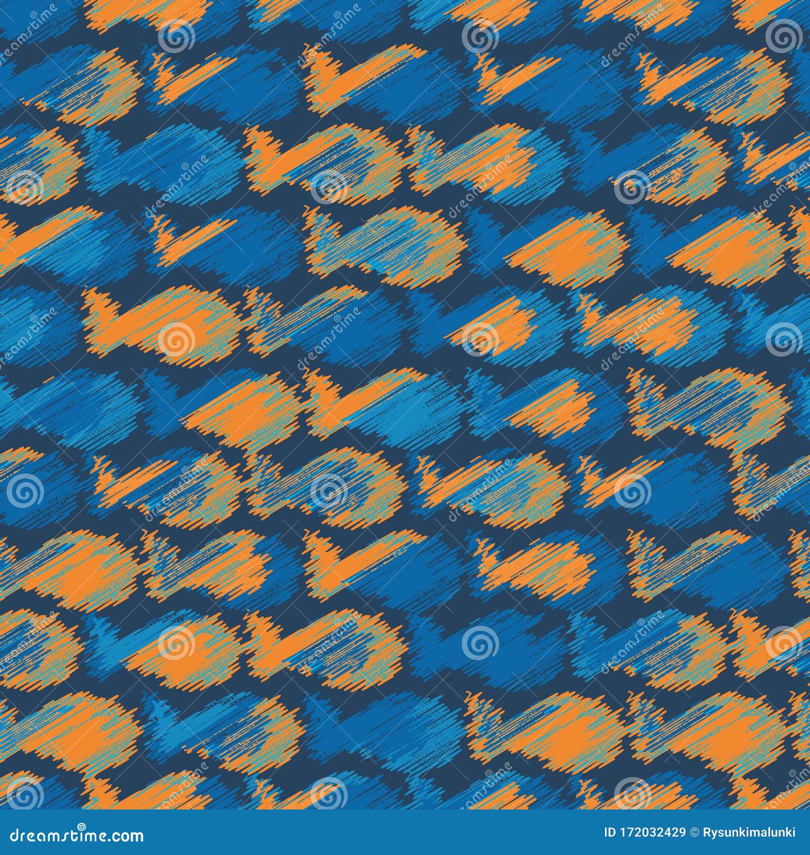 Blue and Orange Scribbled Fish Silhouettes Seamless Vector Pattern ...