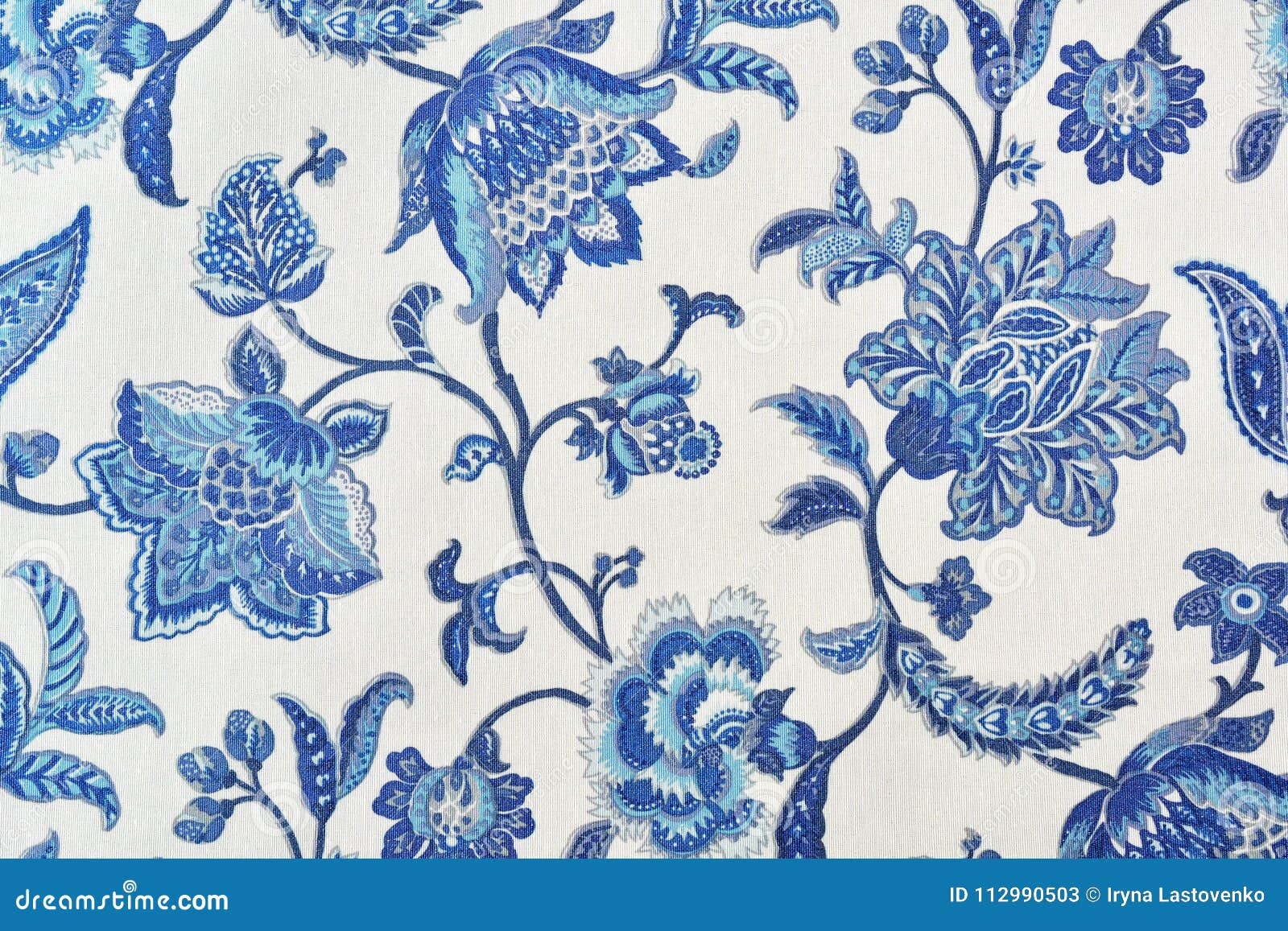 Blue Ornate Floral Pattern on White Cotton Tablecloth. Stock Image ...