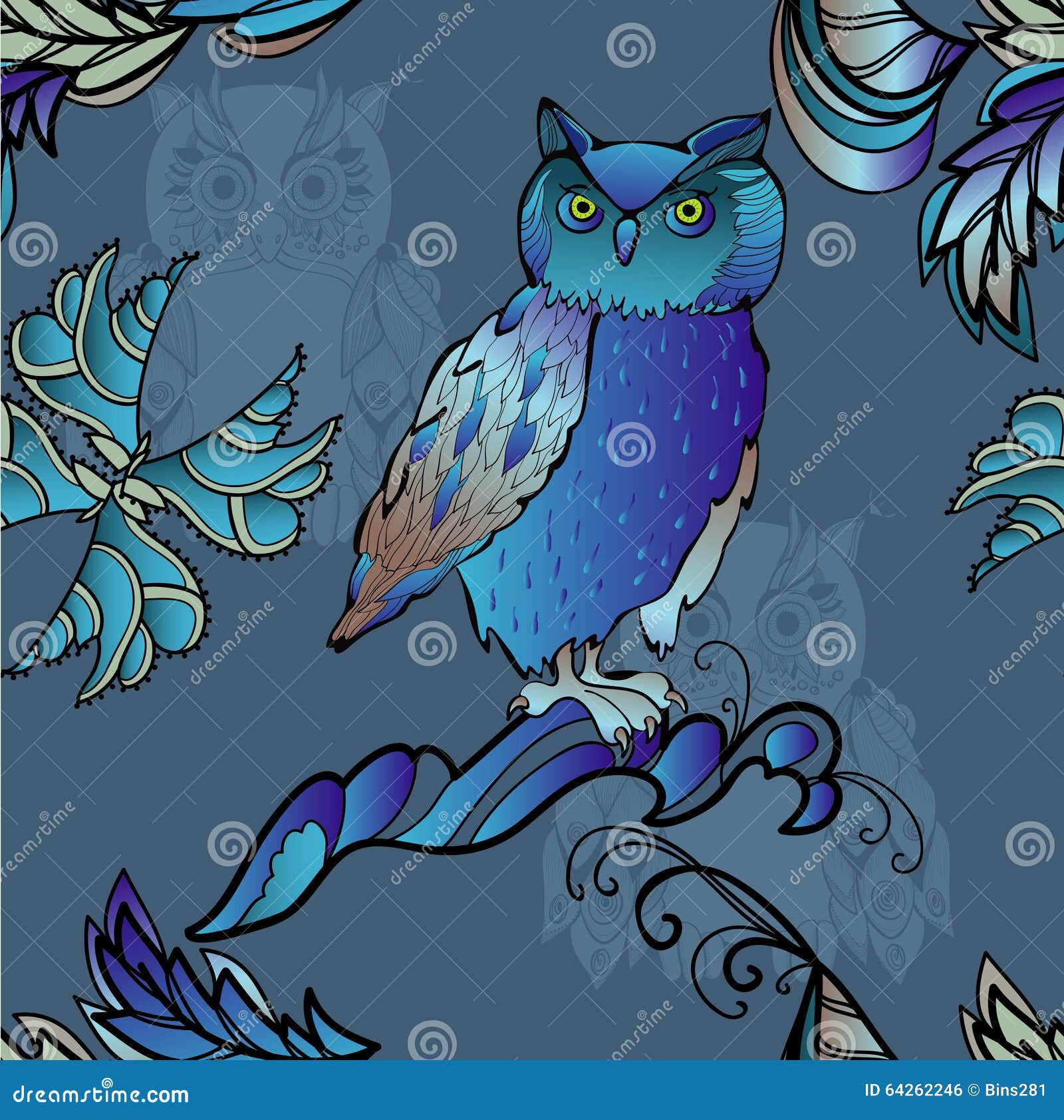 Blue owl stock vector. Illustration of bright, floral - 64262246