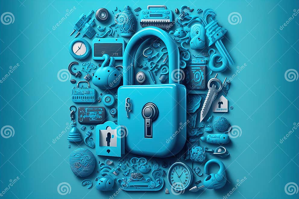 A Blue Padlock Surrounded by Various Items and a Clock on a Blue ...